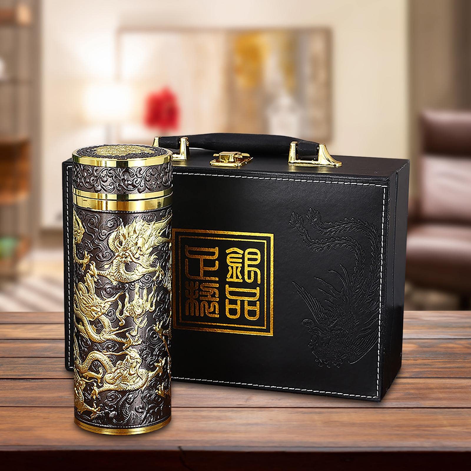 Leefasy Luxurious Chinese Dragon Vacuum Insulation Water Bottle for Hot and Cold Drinks with Artificial PU Leather Storage Box Stainless Steel Liner