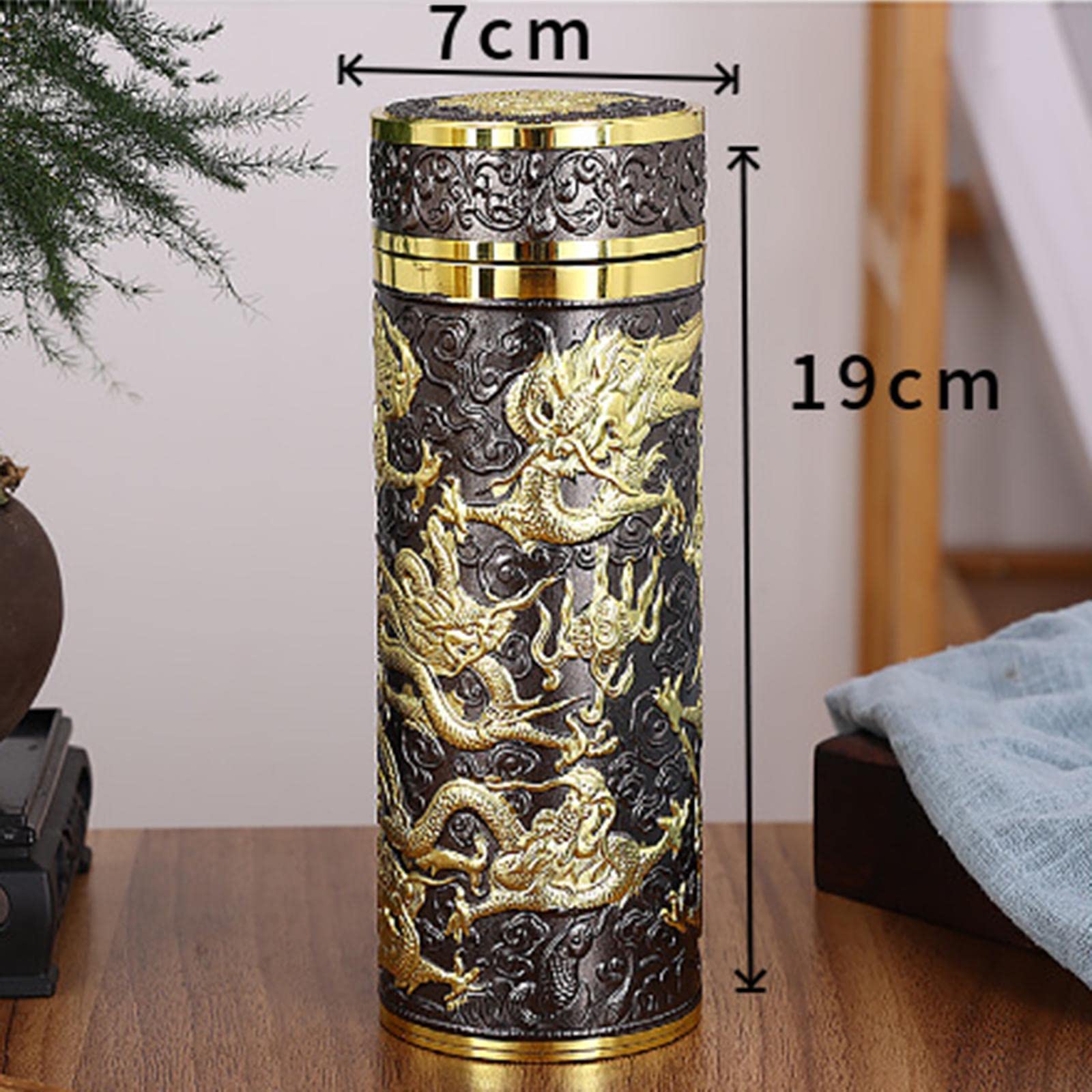 Leefasy Luxurious Chinese Dragon Vacuum Insulation Water Bottle for Hot and Cold Drinks with Artificial PU Leather Storage Box Stainless Steel Liner