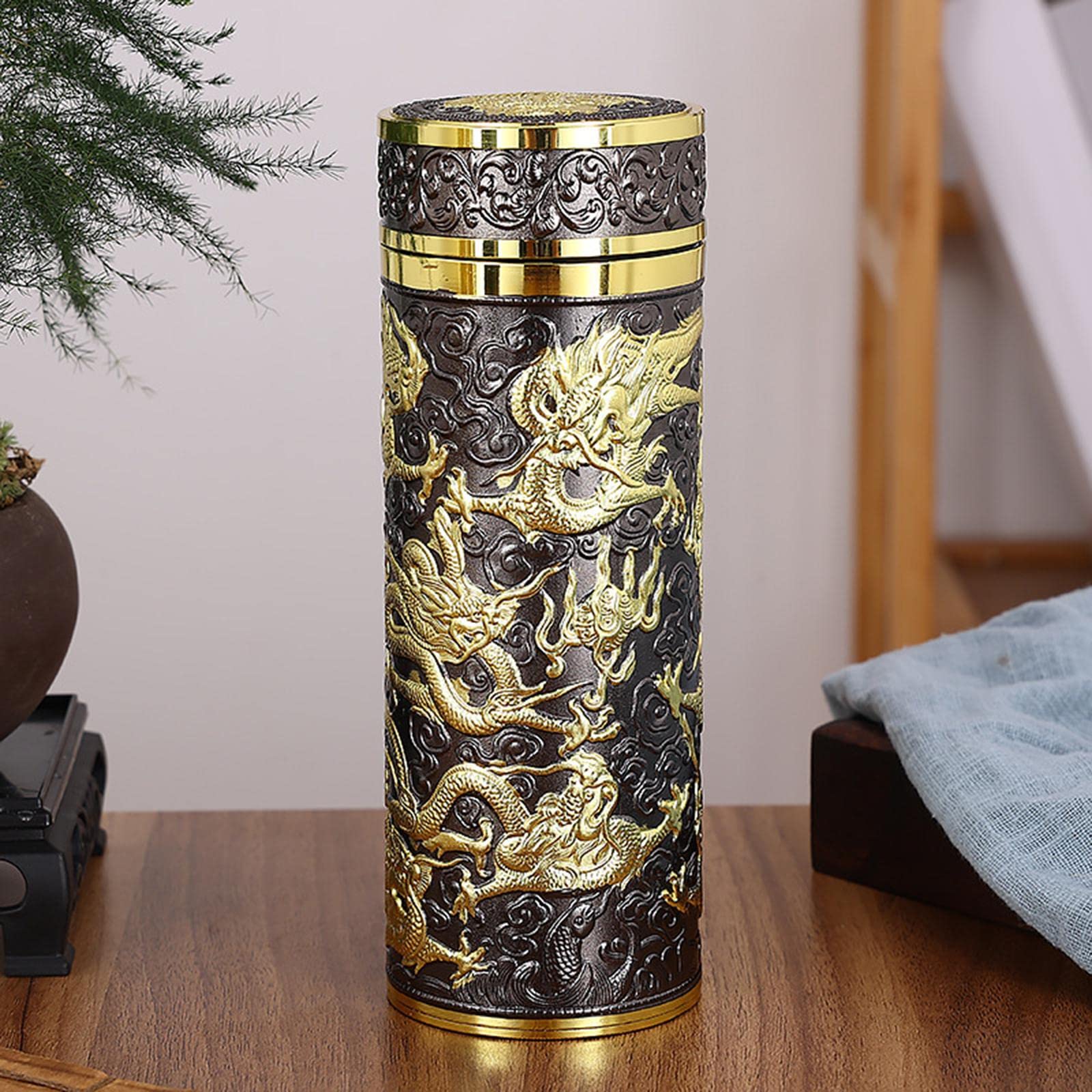 Leefasy Luxurious Chinese Dragon Vacuum Insulation Water Bottle for Hot and Cold Drinks with Artificial PU Leather Storage Box Stainless Steel Liner