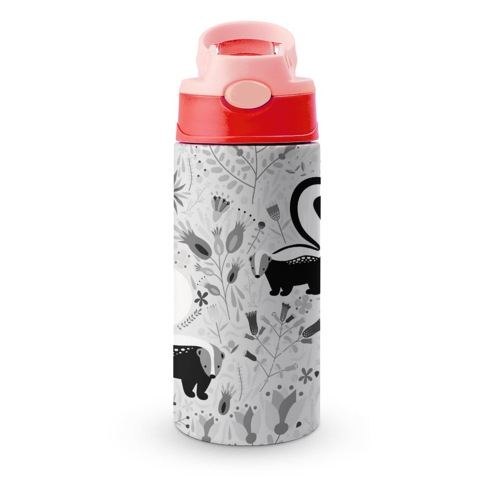 Black White Skunks Floral Flowers Vintage Old Retro Style Stainless Steel Water Bottle, Leak-Proof Hot Cold Travel Mug with Handle Cup Bottle 16.9 Oz, Coffee Mug with Red Straw Lid