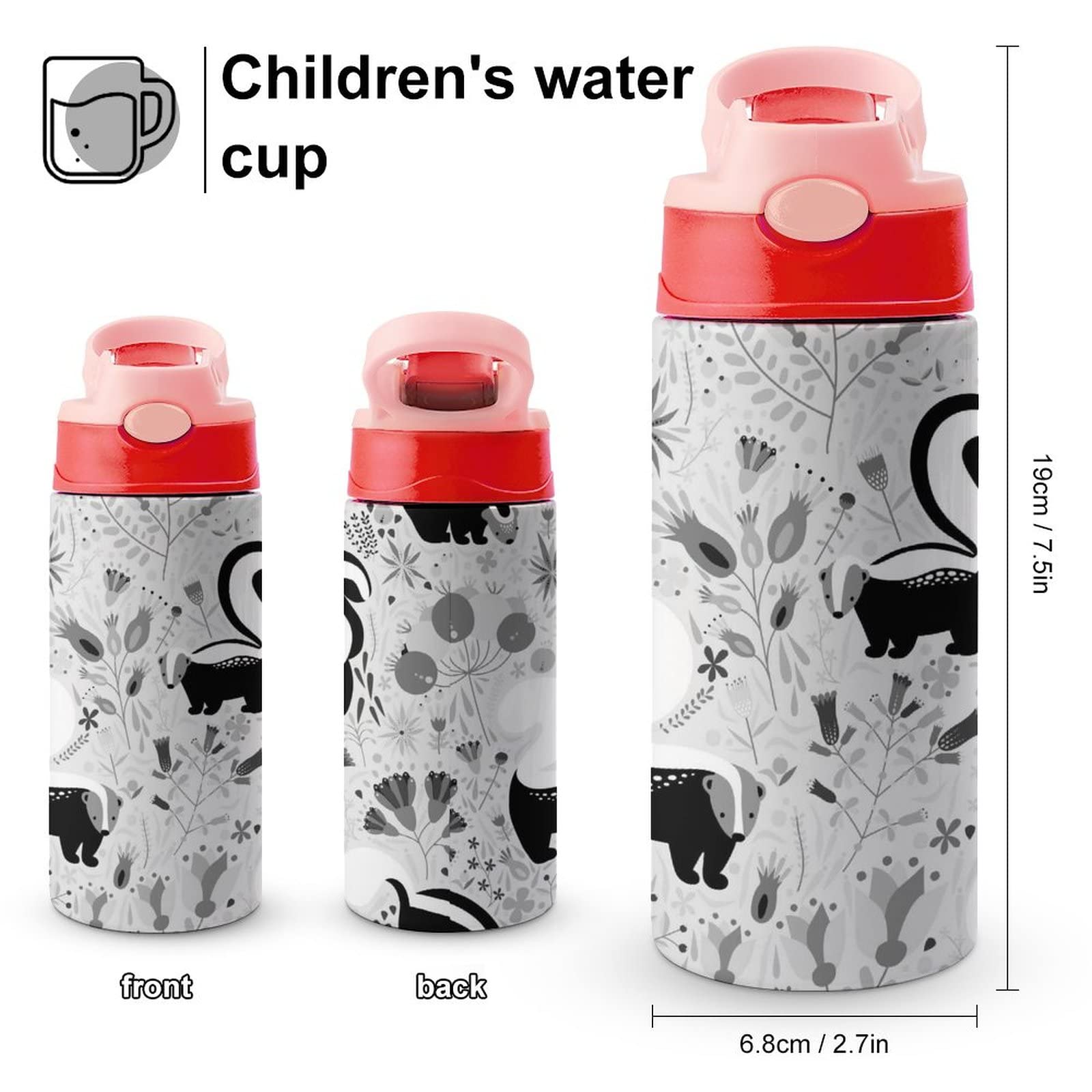 Black White Skunks Floral Flowers Vintage Old Retro Style Stainless Steel Water Bottle, Leak-Proof Hot Cold Travel Mug with Handle Cup Bottle 16.9 Oz, Coffee Mug with Red Straw Lid