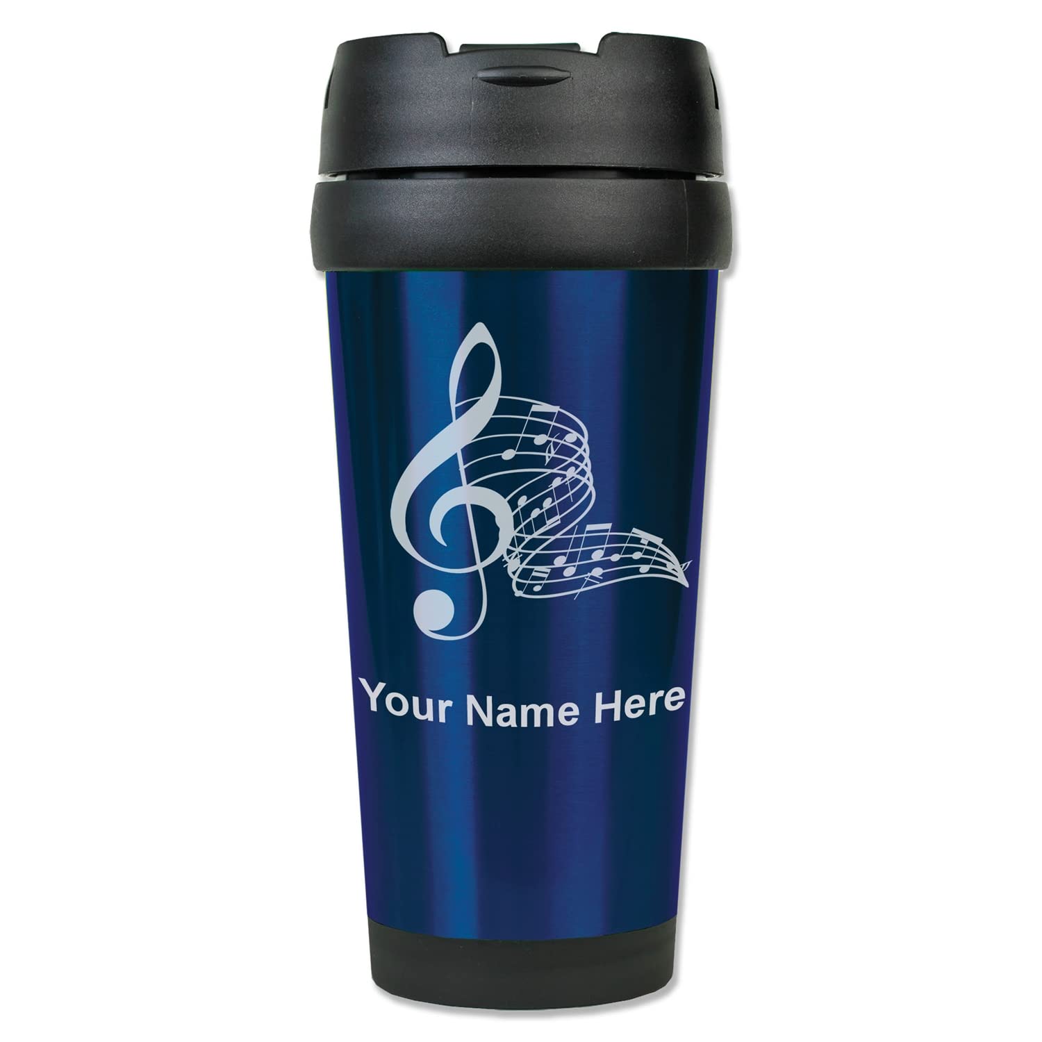 LaserGram 16oz Coffee Travel Mug, Musical Notes, Personalized Engraving Included (Dark Blue)