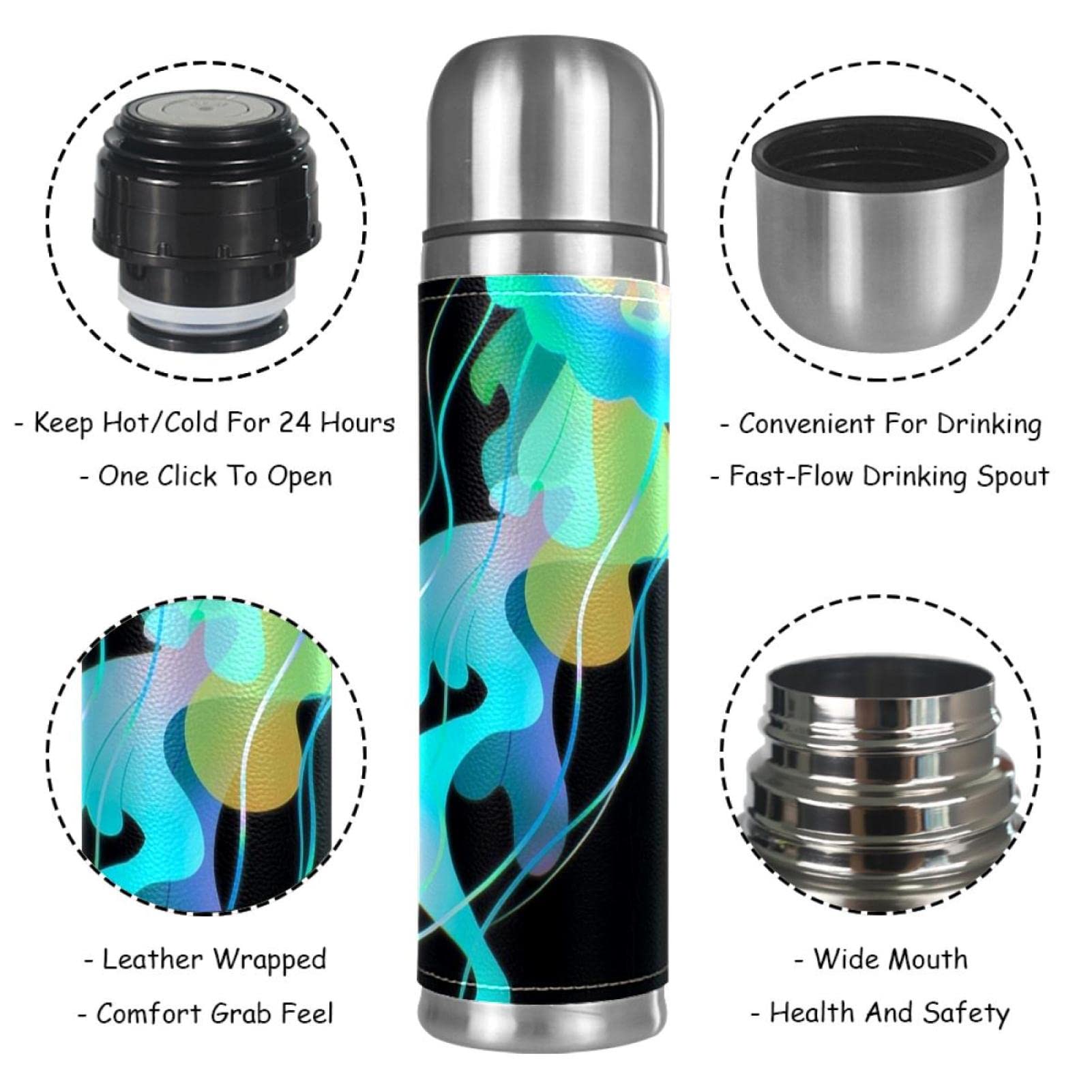 Stainless Steel Leather Vacuum Insulated Mug Jellyfish Thermos Water Bottle for Hot and Cold Drinks Kids Adults 16 Oz