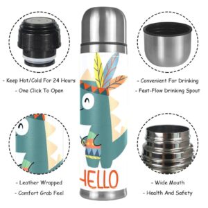 Stainless Steel Leather Vacuum Insulated Mug Dinosaur Thermos Water Bottle for Hot and Cold Drinks Kids Adults 16 Oz