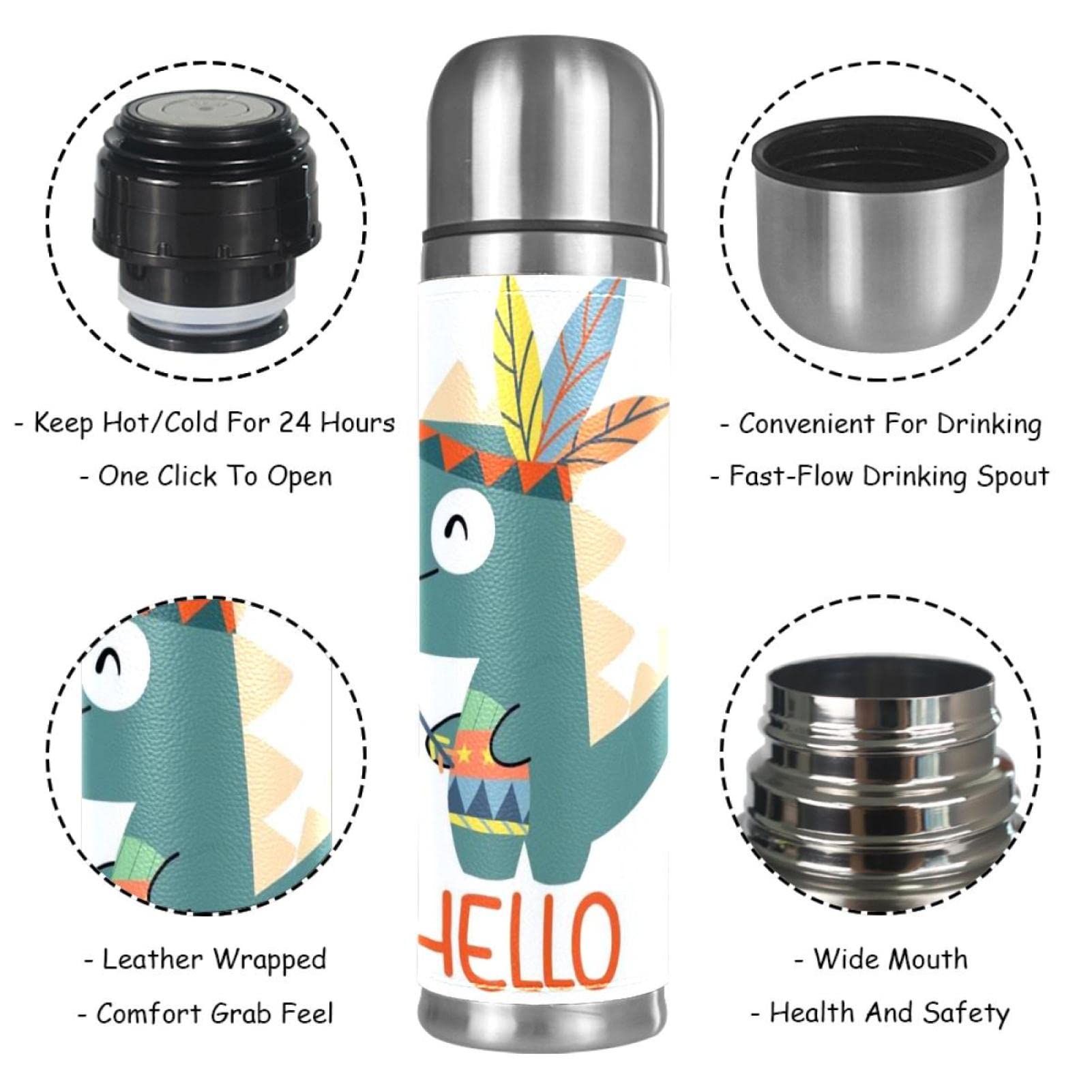 Stainless Steel Leather Vacuum Insulated Mug Dinosaur Thermos Water Bottle for Hot and Cold Drinks Kids Adults 16 Oz