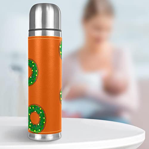 Stainless Steel Leather Vacuum Insulated Mug Christmas Wreath Thermos Water Bottle for Hot and Cold Drinks Kids Adults 16 Oz