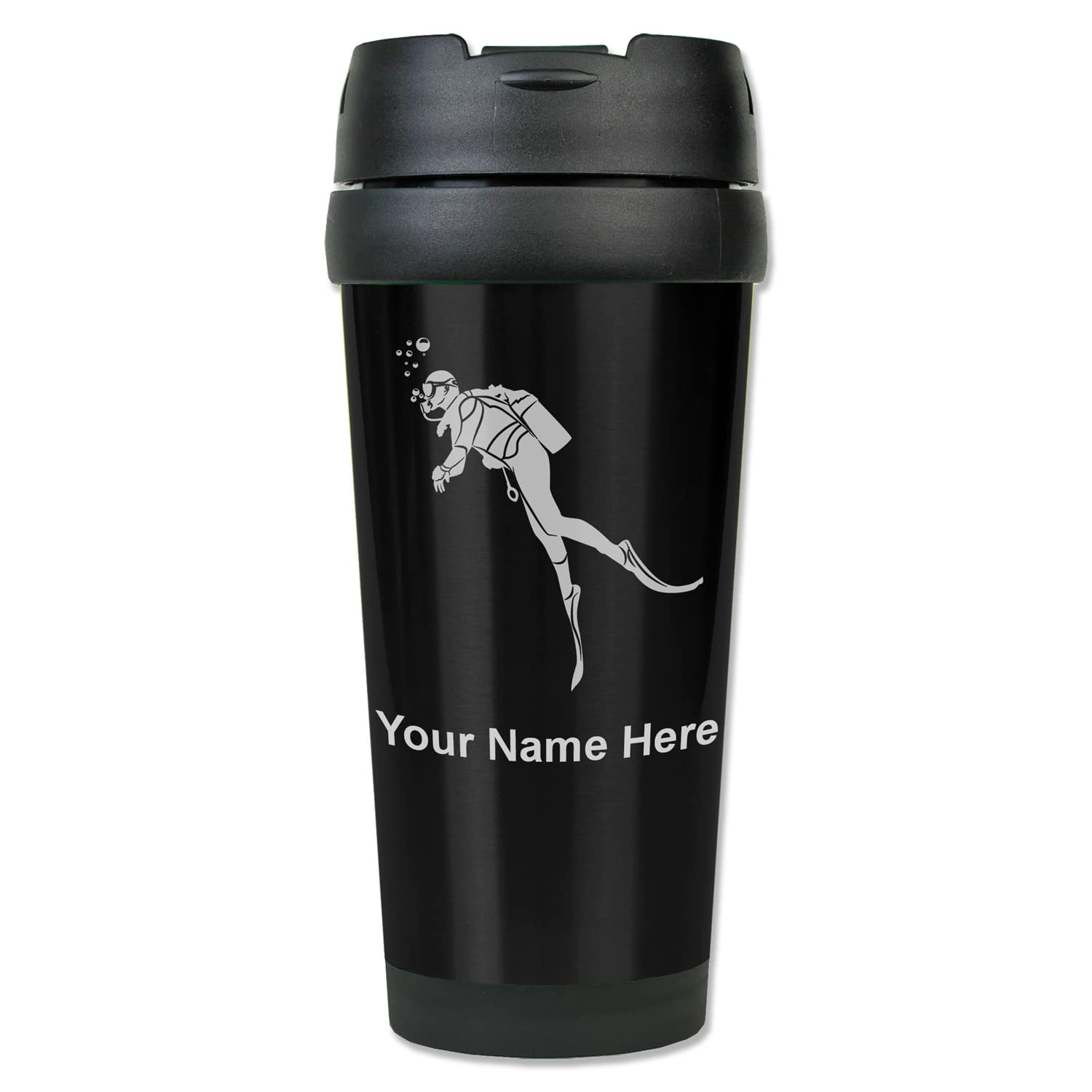 LaserGram 16oz Coffee Travel Mug, Scuba Diver, Personalized Engraving Included (Black)