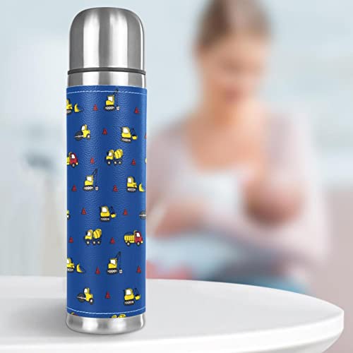 Stainless Steel Leather Vacuum Insulated Mug Construction Vehicle Thermos Water Bottle for Hot and Cold Drinks Kids Adults 16 Oz