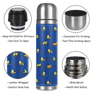 Stainless Steel Leather Vacuum Insulated Mug Construction Vehicle Thermos Water Bottle for Hot and Cold Drinks Kids Adults 16 Oz