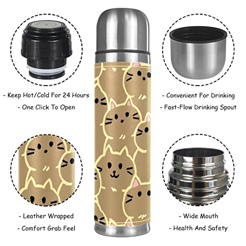 Stainless Steel Leather Vacuum Insulated Mug Strawberry Cat Thermos Water Bottle for Hot and Cold Drinks Kids Adults 16 Oz