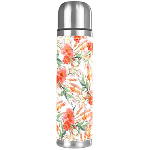 Stainless Steel Leather Vacuum Insulated Mug Flowers Thermos Water Bottle for Hot and Cold Drinks Kids Adults 16 Oz