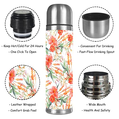 Stainless Steel Leather Vacuum Insulated Mug Flowers Thermos Water Bottle for Hot and Cold Drinks Kids Adults 16 Oz