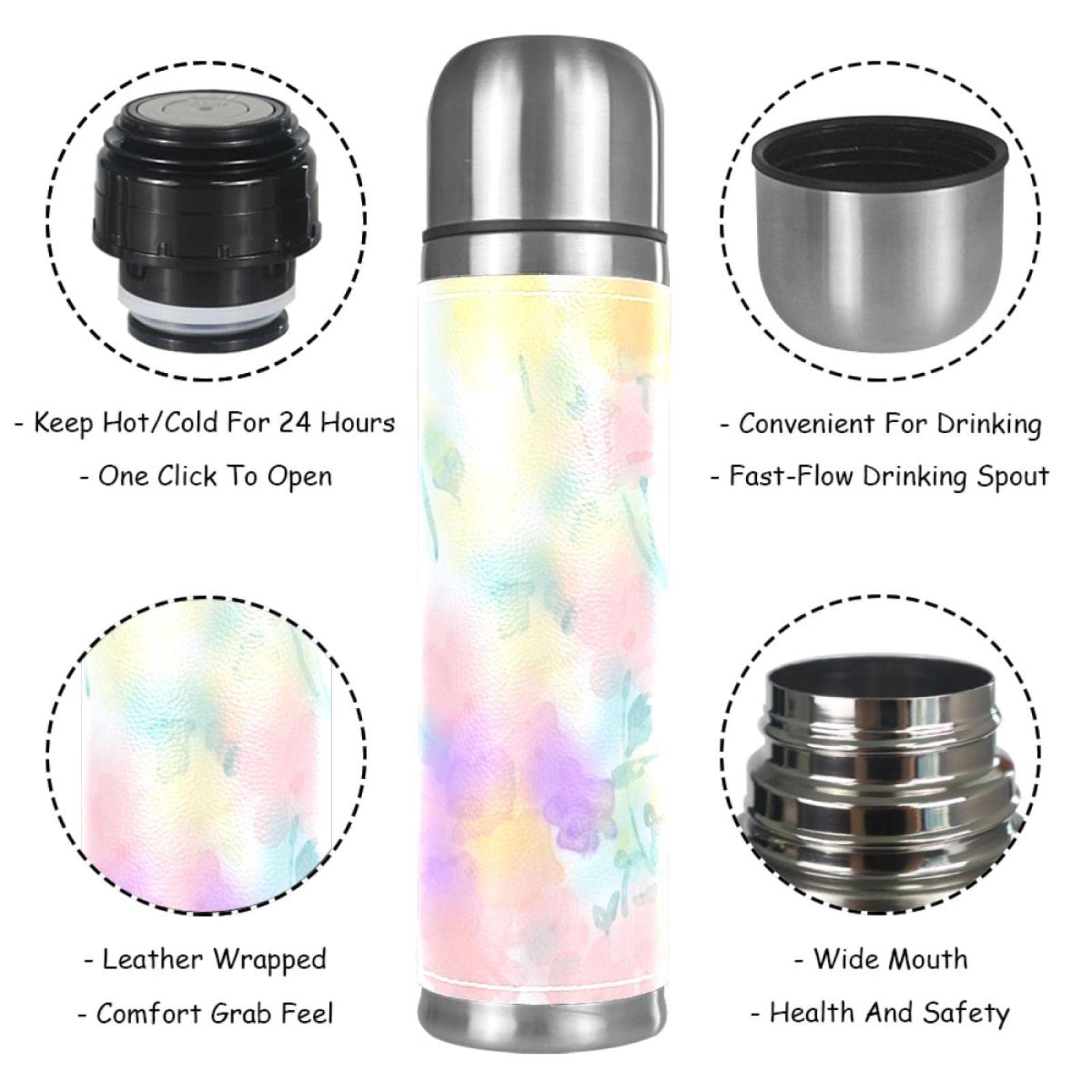 Stainless Steel Leather Vacuum Insulated Mug Flowers Thermos Water Bottle for Hot and Cold Drinks Kids Adults 16 Oz