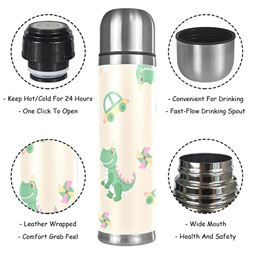 Stainless Steel Leather Vacuum Insulated Mug Dinosaur Thermos Water Bottle for Hot and Cold Drinks Kids Adults 16 Oz