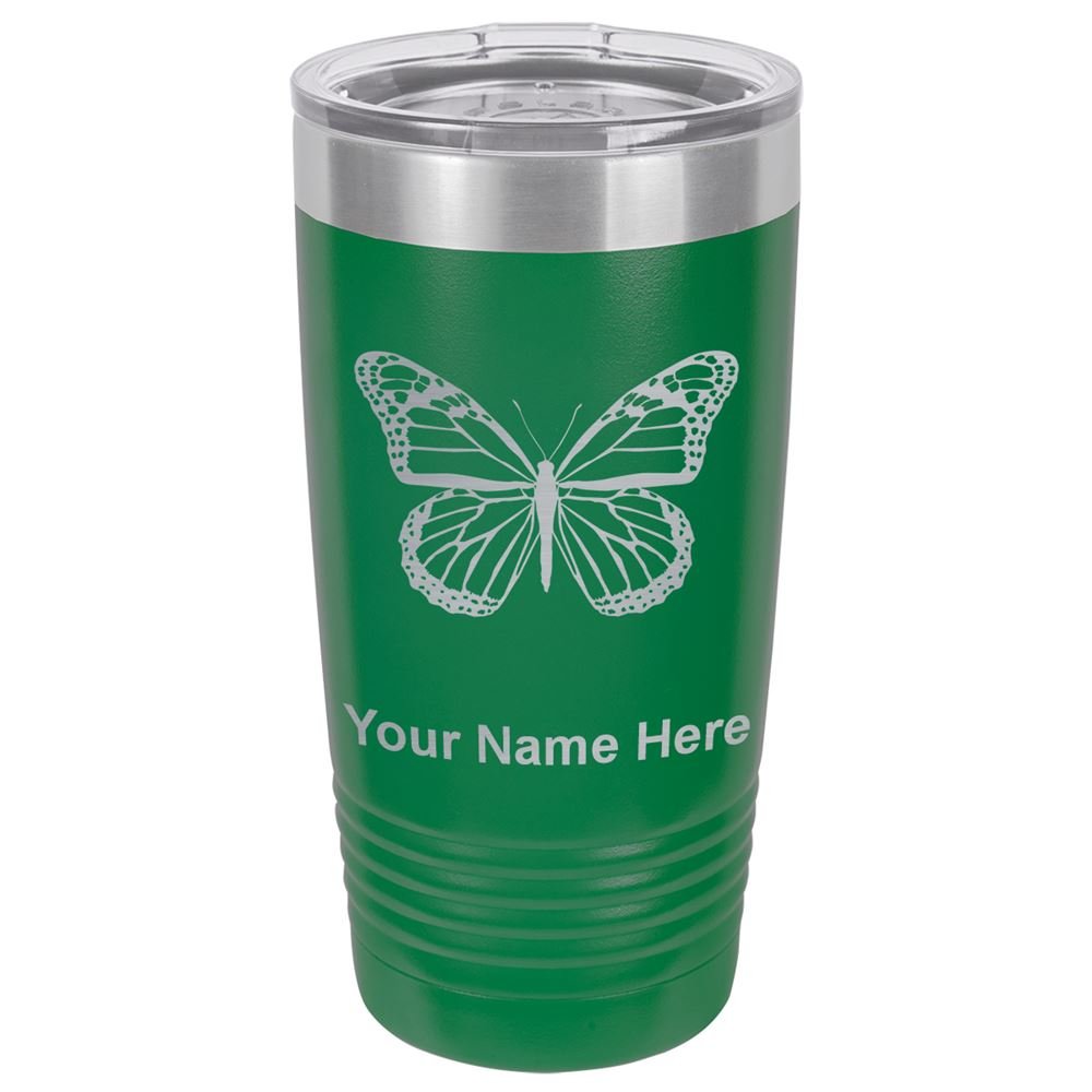 LaserGram 20oz Vacuum Insulated Tumbler Mug, Monarch Butterfly, Personalized Engraving Included (Green)