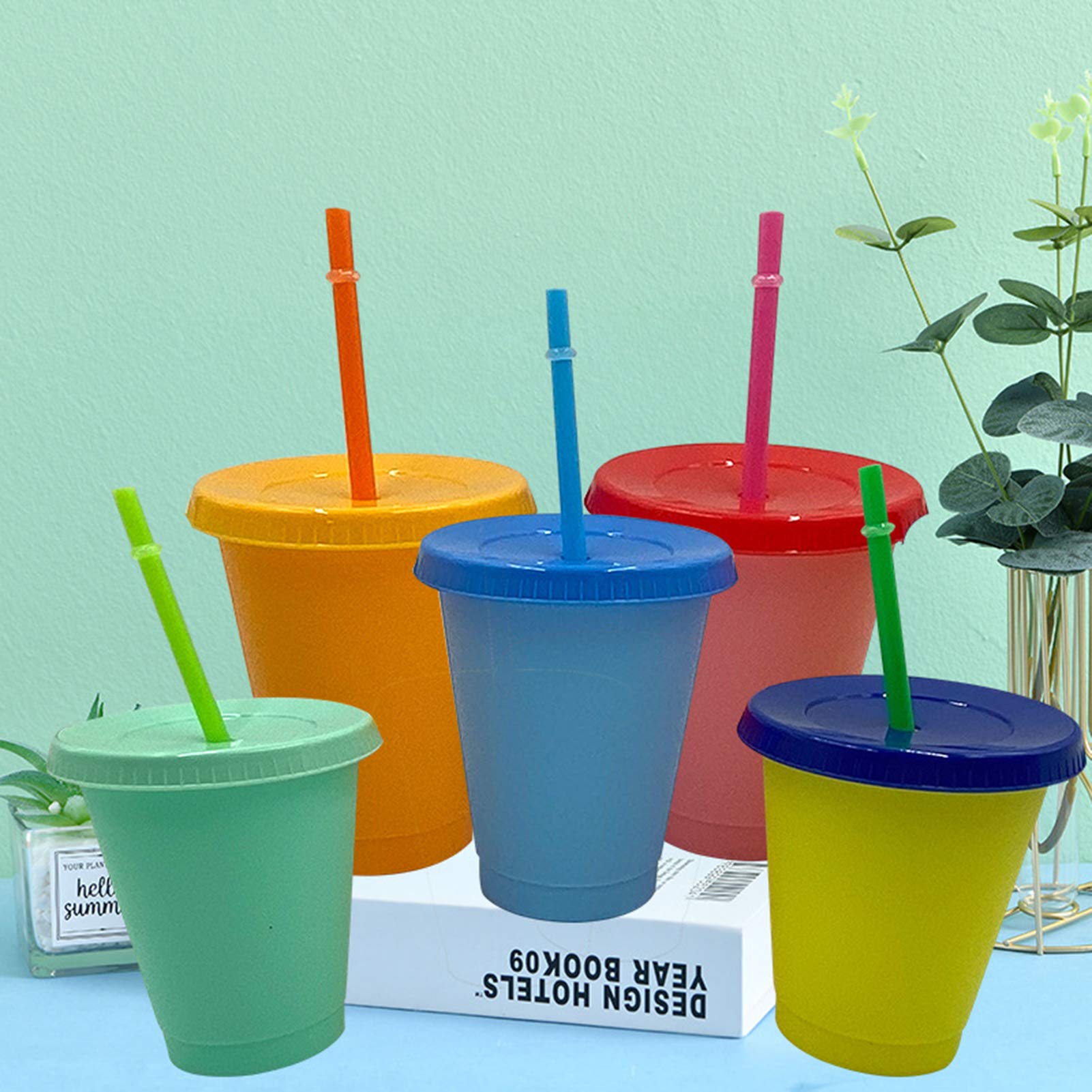 Walbest Set of 5 Color Changing Cups when Cold with Lids and Straws, 16oz Blank Plastic Tumbler Coffee Cups, Kids Color Changing Tumbler Reusable Boba Cup Gifts 5Pcs Mix Color