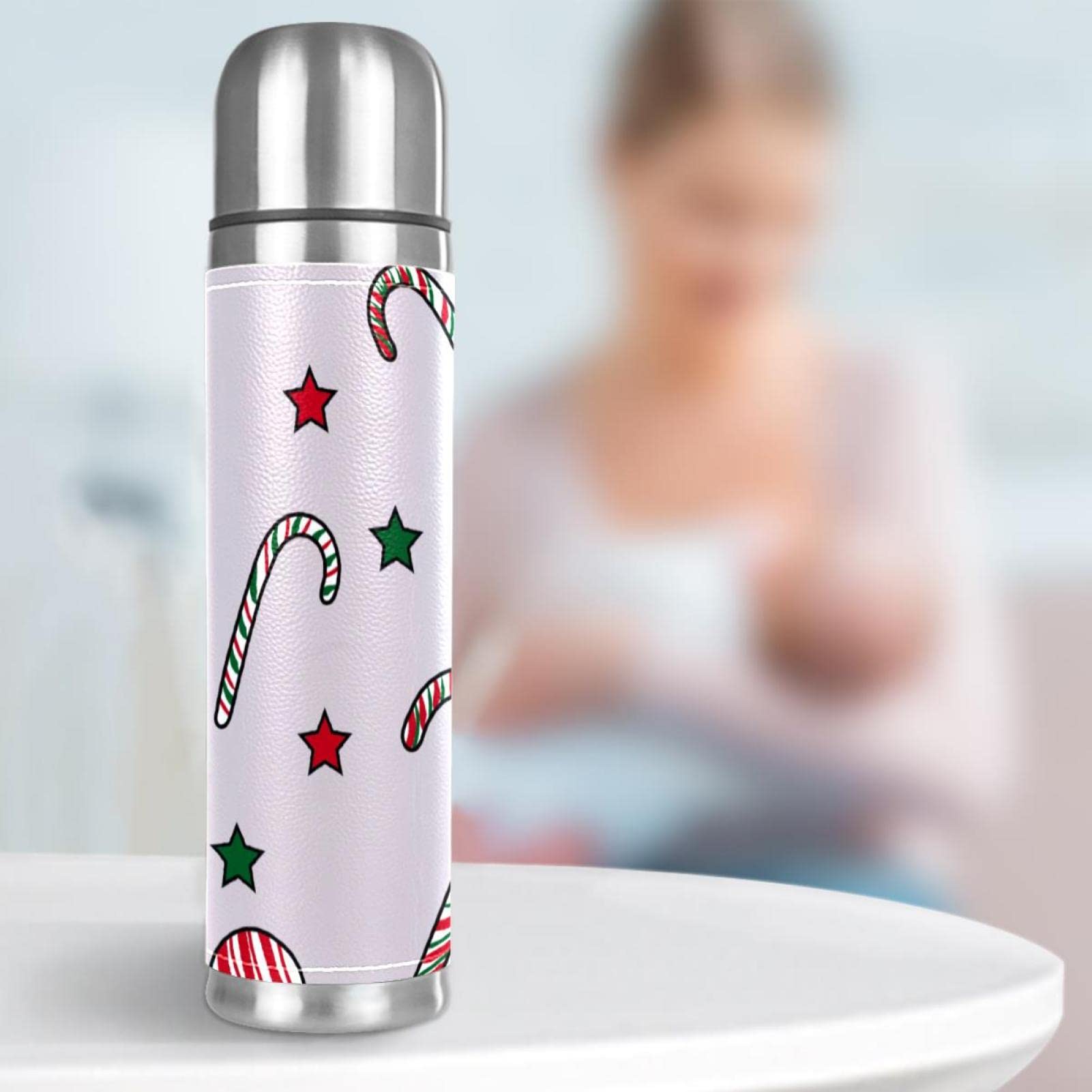 Stainless Steel Leather Vacuum Insulated Mug Merry Christmas Thermos Water Bottle for Hot and Cold Drinks Kids Adults 16 Oz