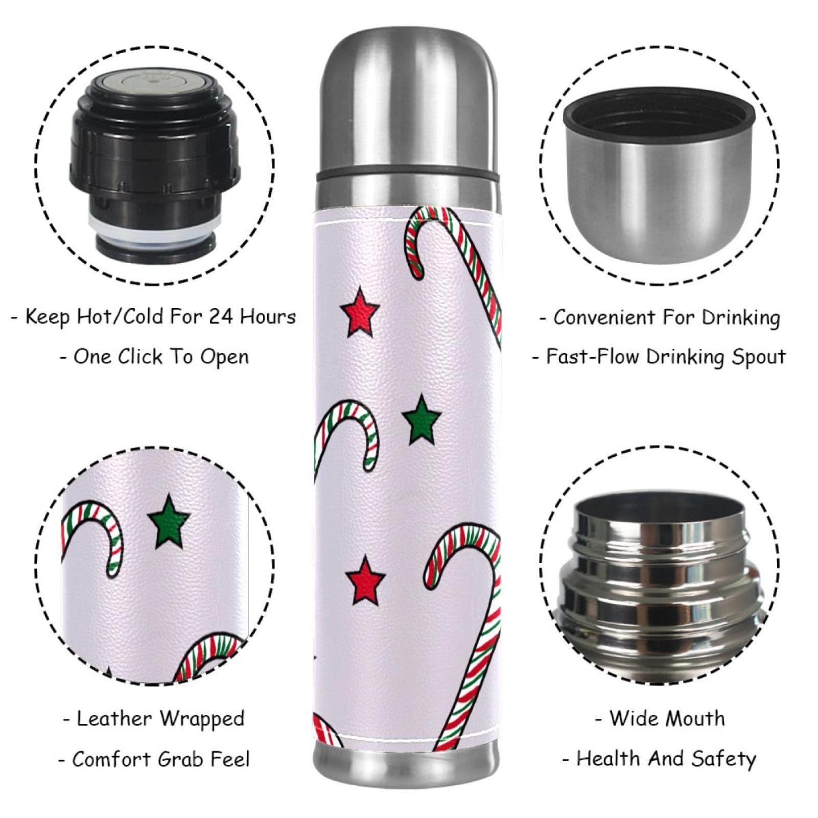 Stainless Steel Leather Vacuum Insulated Mug Merry Christmas Thermos Water Bottle for Hot and Cold Drinks Kids Adults 16 Oz