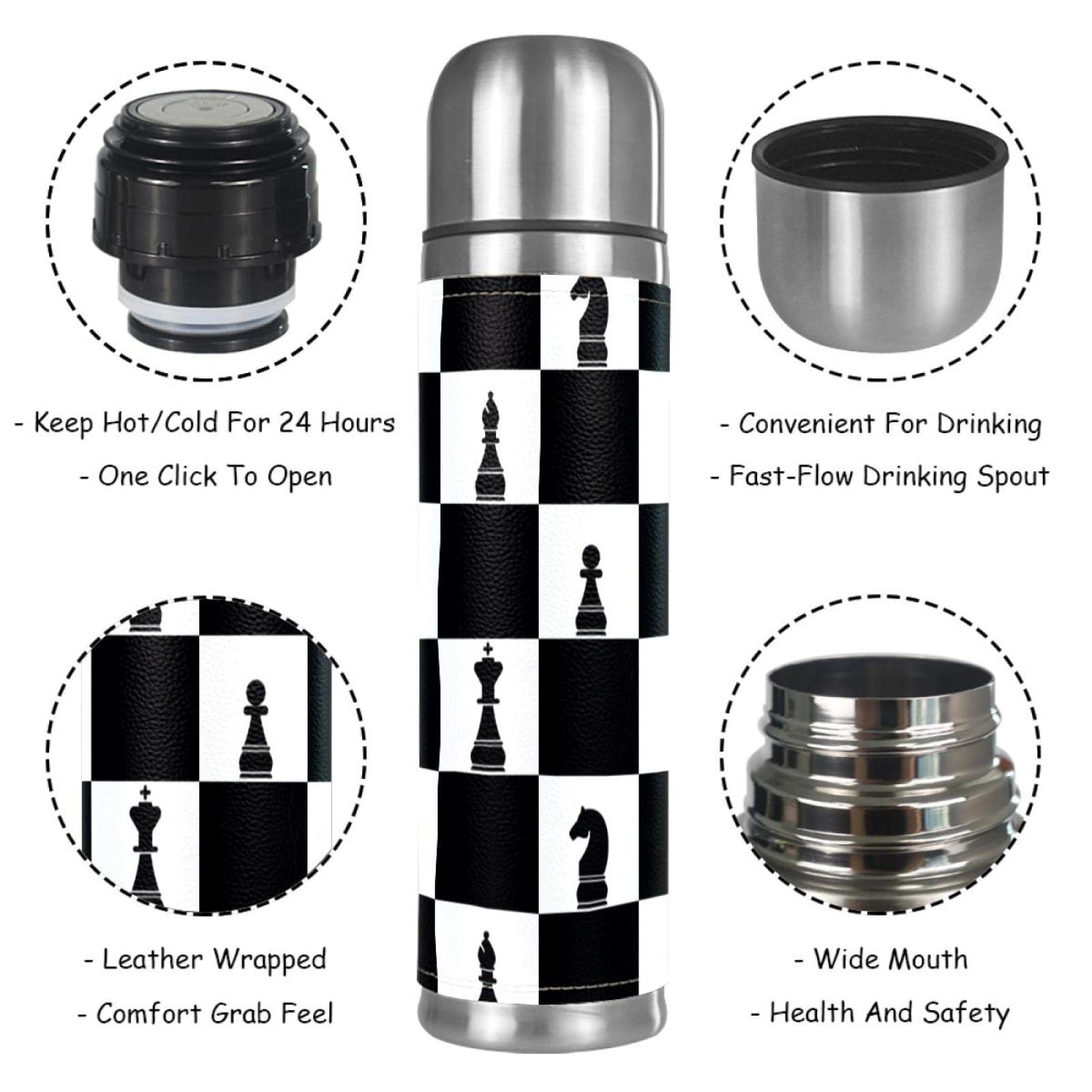 Stainless Steel Leather Vacuum Insulated Mug Chess Thermos Water Bottle for Hot and Cold Drinks Kids Adults 16 Oz