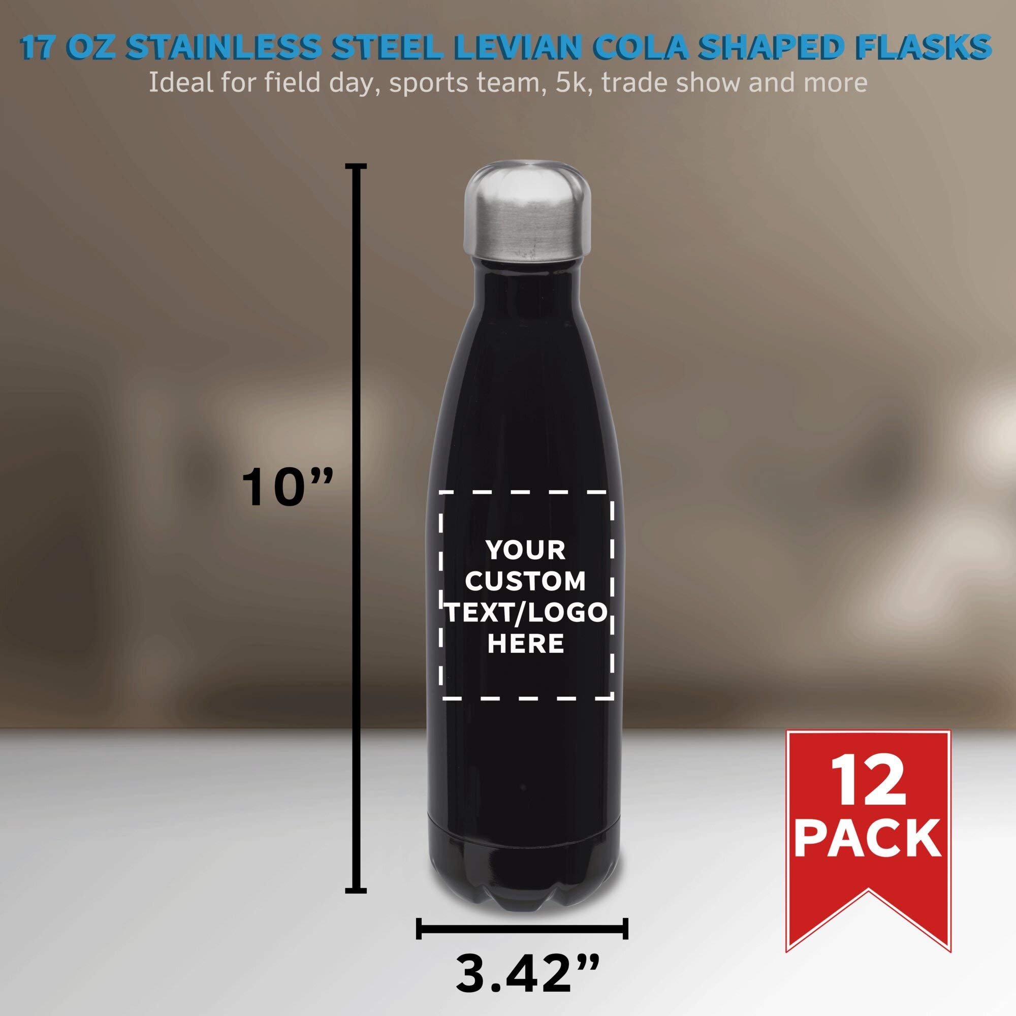 DISCOUNT PROMOS Custom Levian Cola Shaped Flasks 17 oz. Set of 12, Personalized Bulk Pack - Perfect for Gym, Camping, and Any Indoor/Outdoor Activities - Black