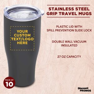 Custom Stainless Steel Grip Travel Mugs 27 oz. Set of 10, Personalized Bulk Pack - Perfect for Coffee, Soda, Other Hot & Cold Beverages - Smoke