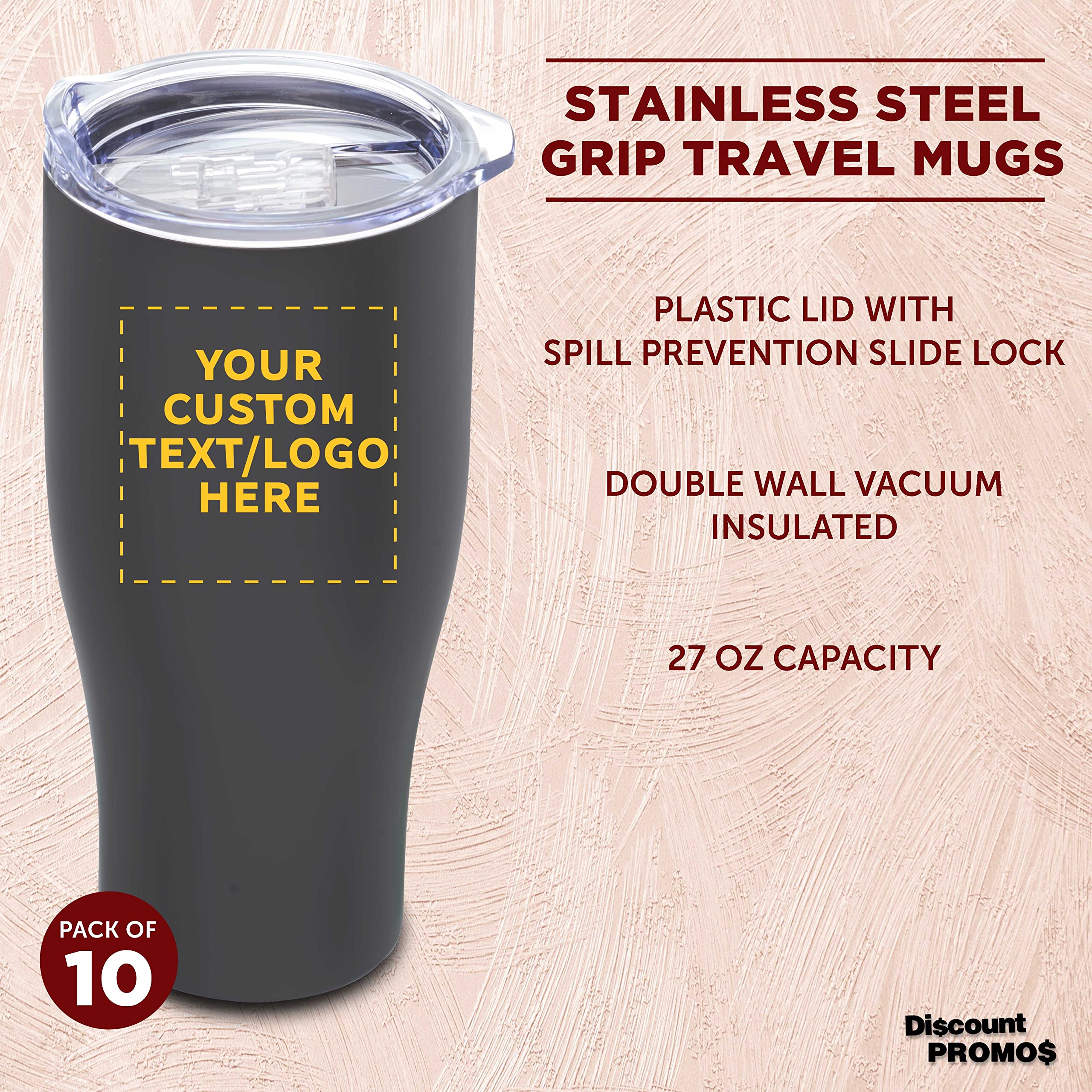 Custom Stainless Steel Grip Travel Mugs 27 oz. Set of 10, Personalized Bulk Pack - Perfect for Coffee, Soda, Other Hot & Cold Beverages - Smoke