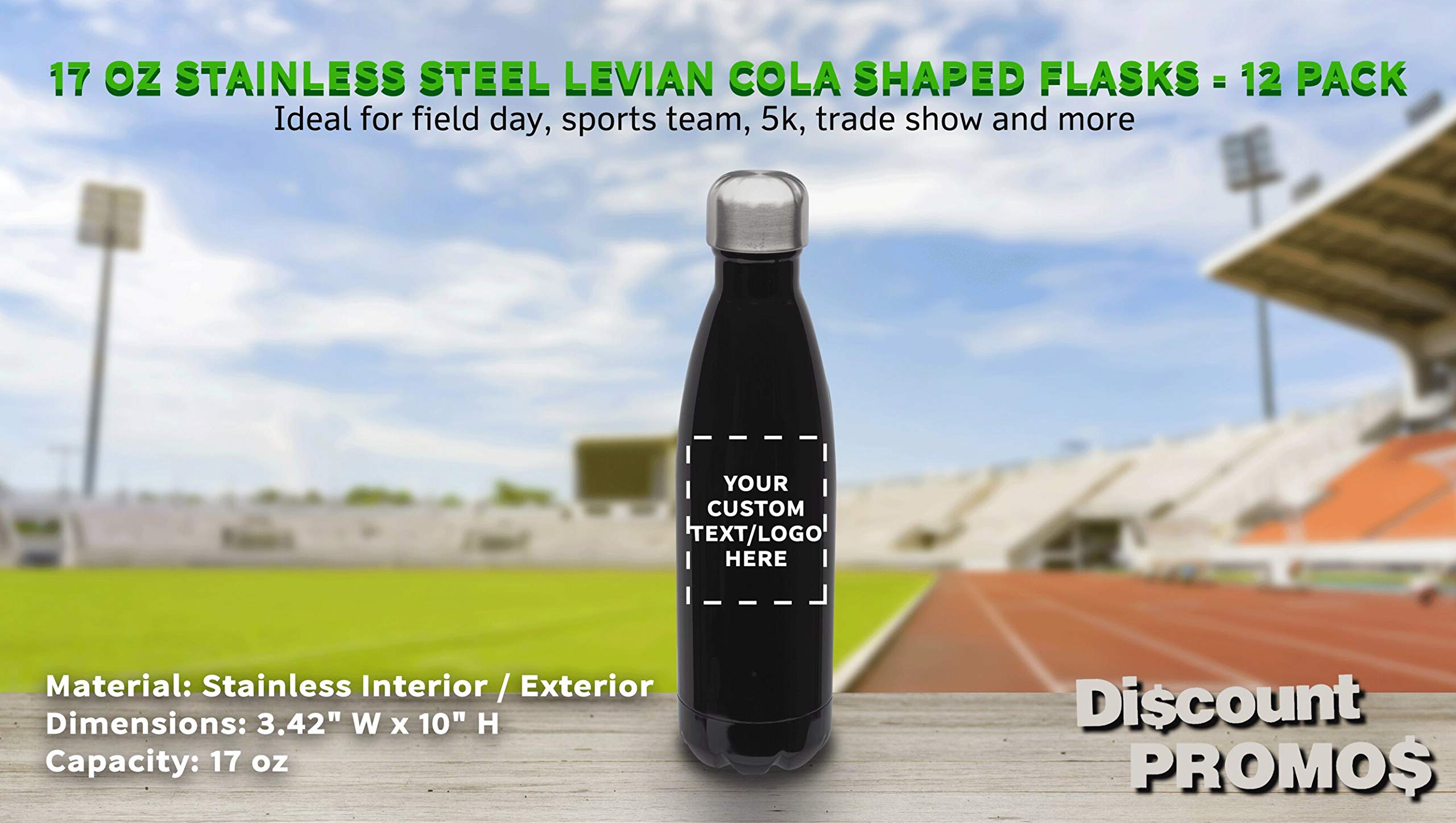 DISCOUNT PROMOS Custom Levian Cola Shaped Flasks 17 oz. Set of 12, Personalized Bulk Pack - Perfect for Gym, Camping, and Any Indoor/Outdoor Activities - Black