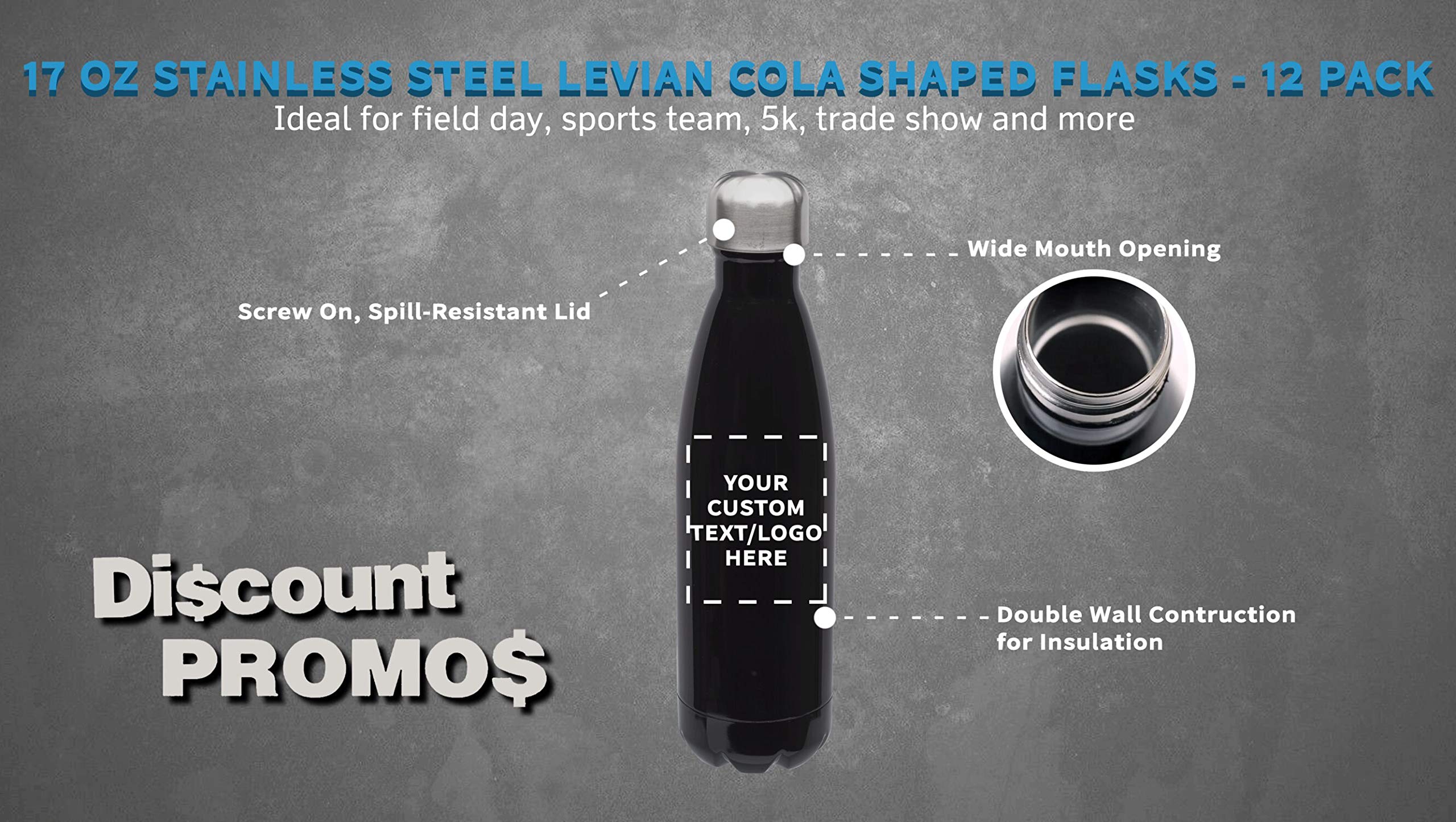 DISCOUNT PROMOS Custom Levian Cola Shaped Flasks 17 oz. Set of 12, Personalized Bulk Pack - Perfect for Gym, Camping, and Any Indoor/Outdoor Activities - Black