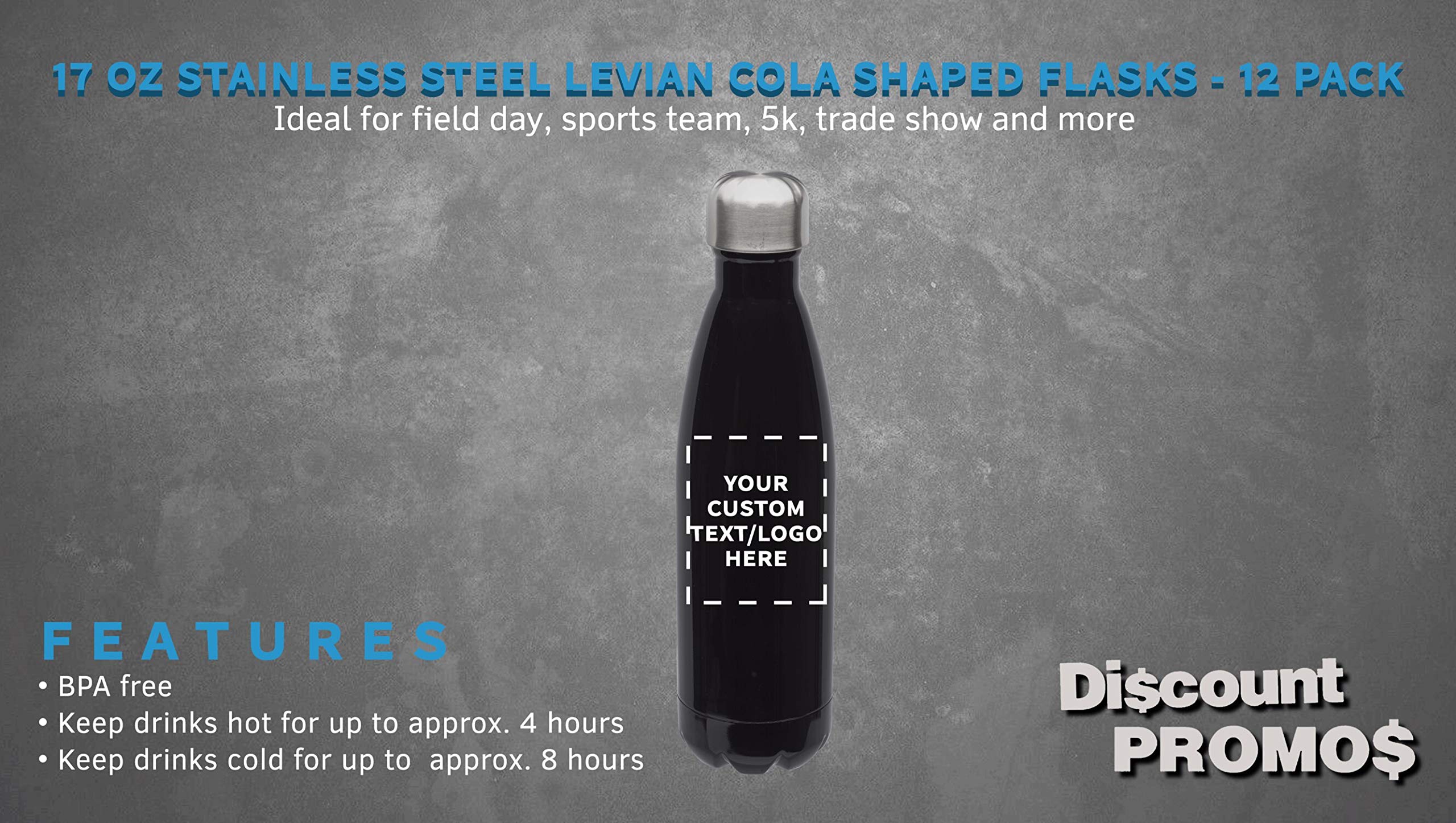 DISCOUNT PROMOS Custom Levian Cola Shaped Flasks 17 oz. Set of 12, Personalized Bulk Pack - Perfect for Gym, Camping, and Any Indoor/Outdoor Activities - Black