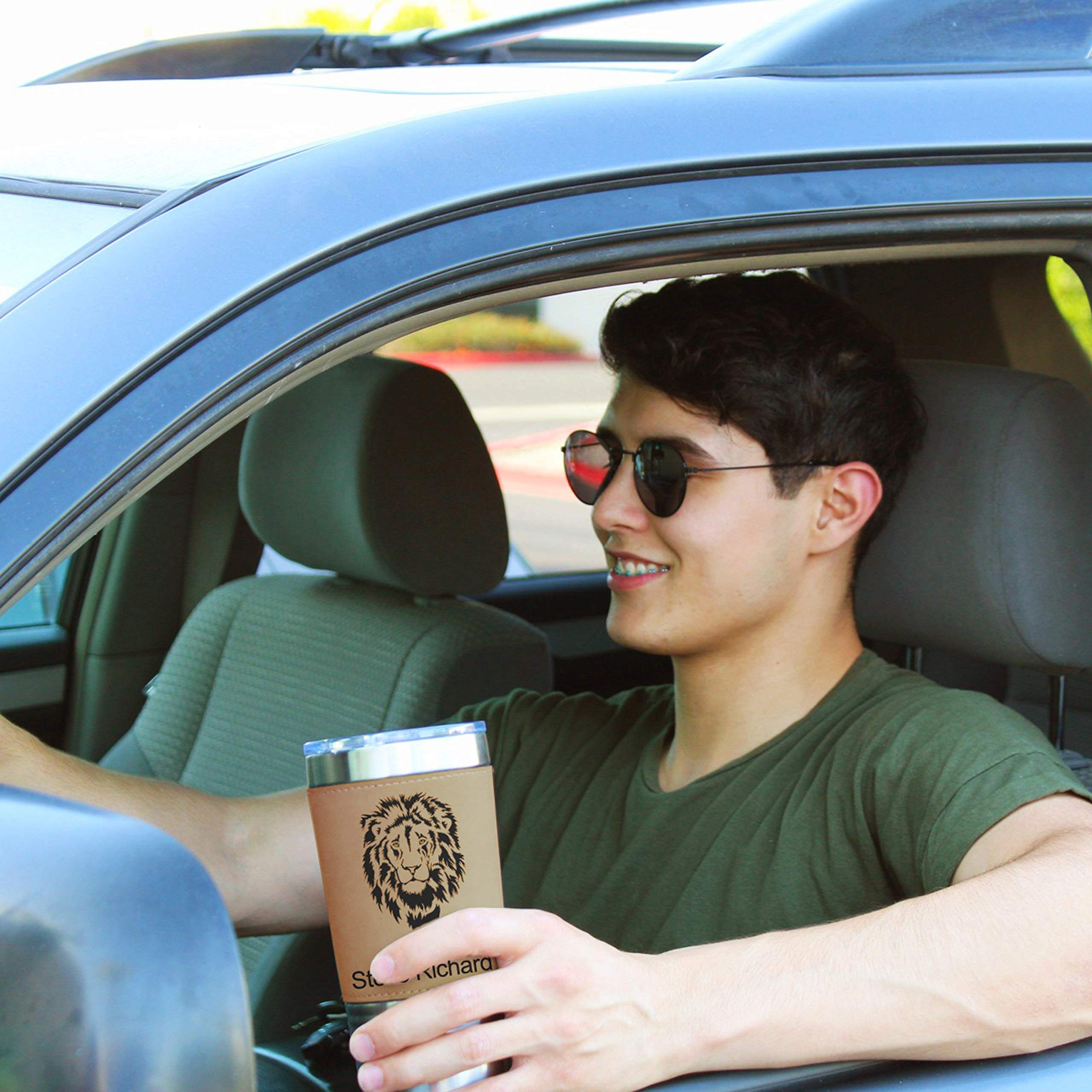 LaserGram 20oz Vacuum Insulated Tumbler Mug, Aztec Calendar, Personalized Engraving Included (Faux Leather, Rustic)