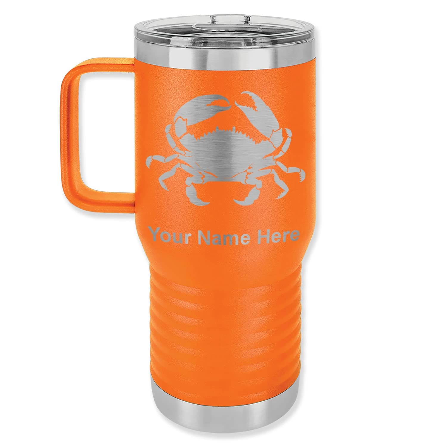 LaserGram 20oz Vacuum Insulated Travel Mug with Handle, Crab, Personalized Engraving Included (Orange)