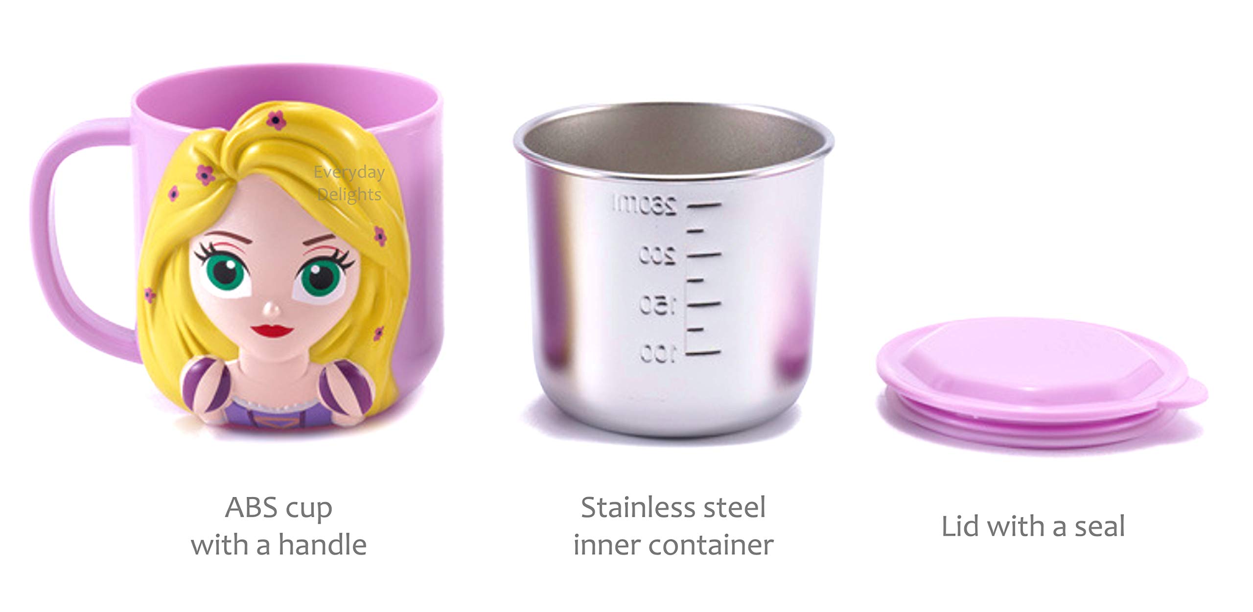 Everyday Delights Princess Aurora Pink Durable Stainless Steel Insulated 3D Cup with Lid, 250ml