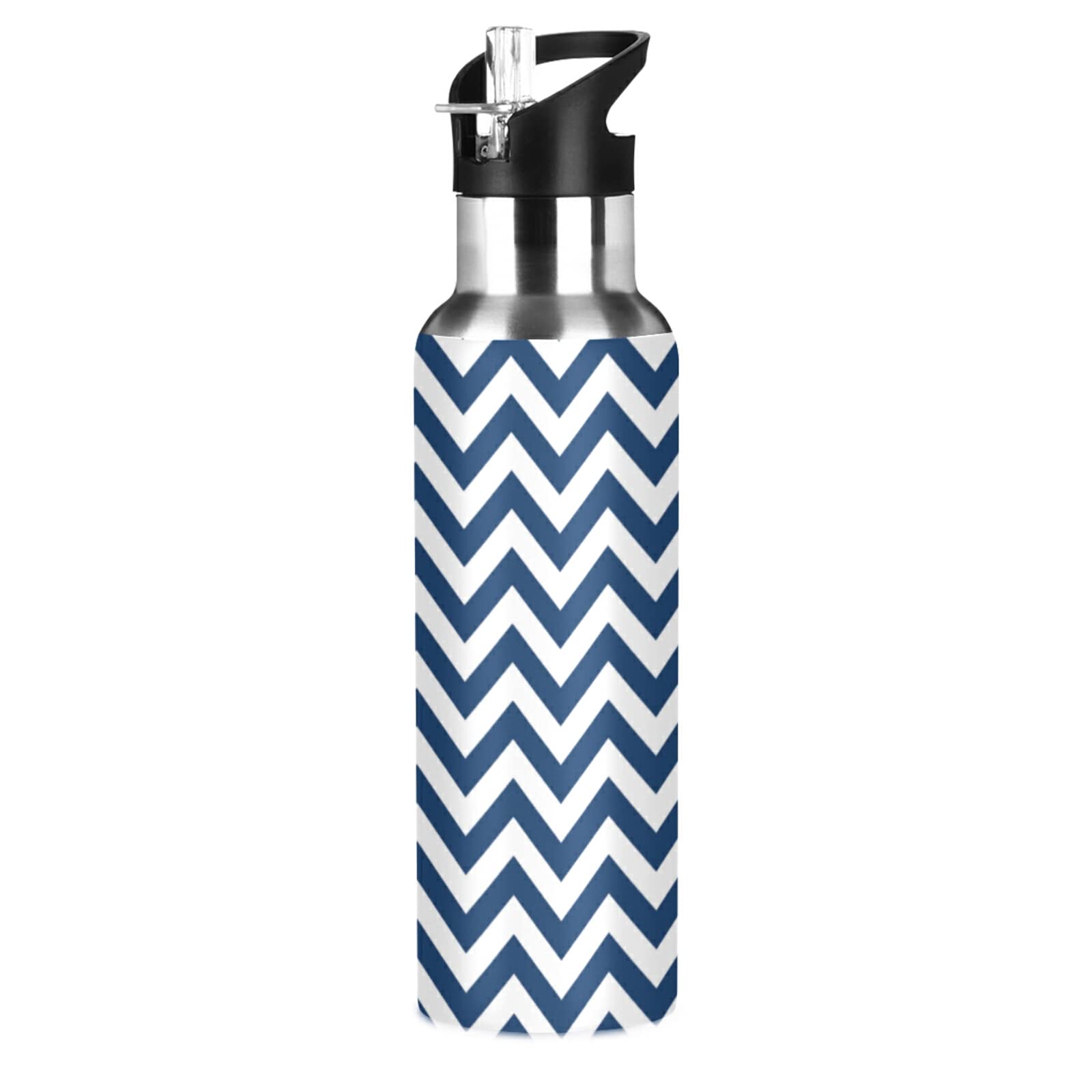 xigua Sports Water Bottle 20 Oz, Navy Blue White Chevron Pattern Leak-proof Stainless Steel Vacuum Flask with Straw Hat and Straw for Student Fitness Outdoor