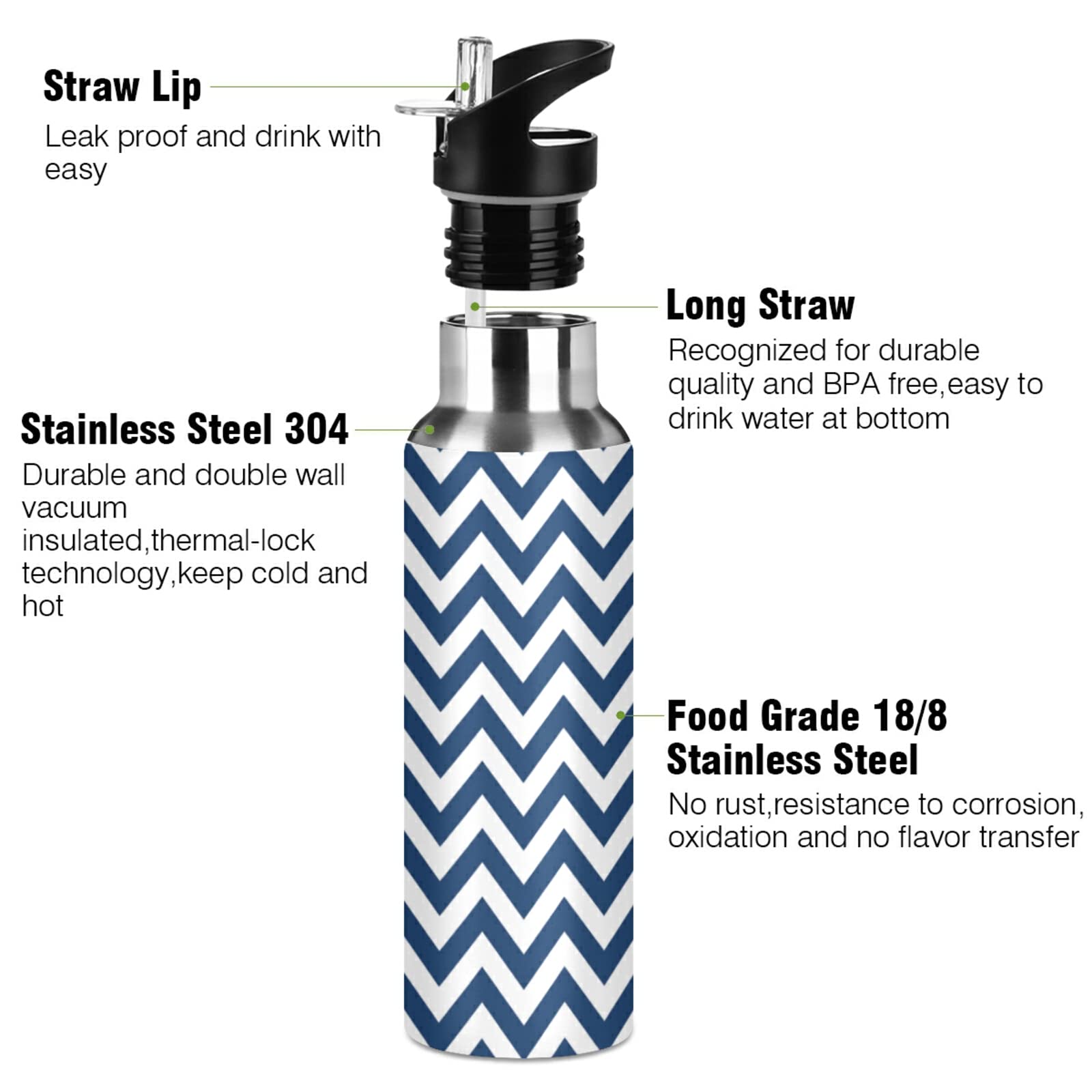 xigua Sports Water Bottle 20 Oz, Navy Blue White Chevron Pattern Leak-proof Stainless Steel Vacuum Flask with Straw Hat and Straw for Student Fitness Outdoor