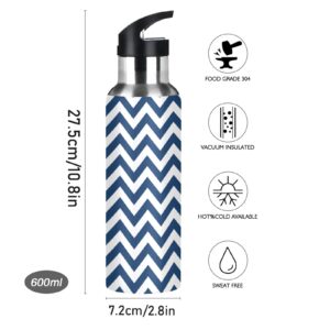 xigua Sports Water Bottle 20 Oz, Navy Blue White Chevron Pattern Leak-proof Stainless Steel Vacuum Flask with Straw Hat and Straw for Student Fitness Outdoor