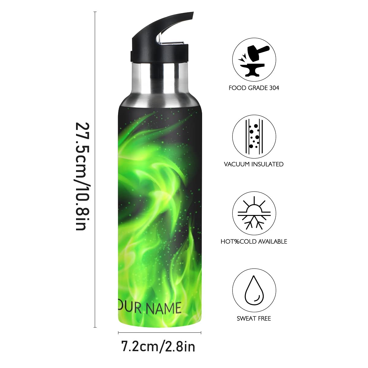 CHIFIGNO Green Fire Dragon Personalized Water Bottle Vacuum Insulated Stainless Steel Keeps Liquids Hot or Cold Customized Cup