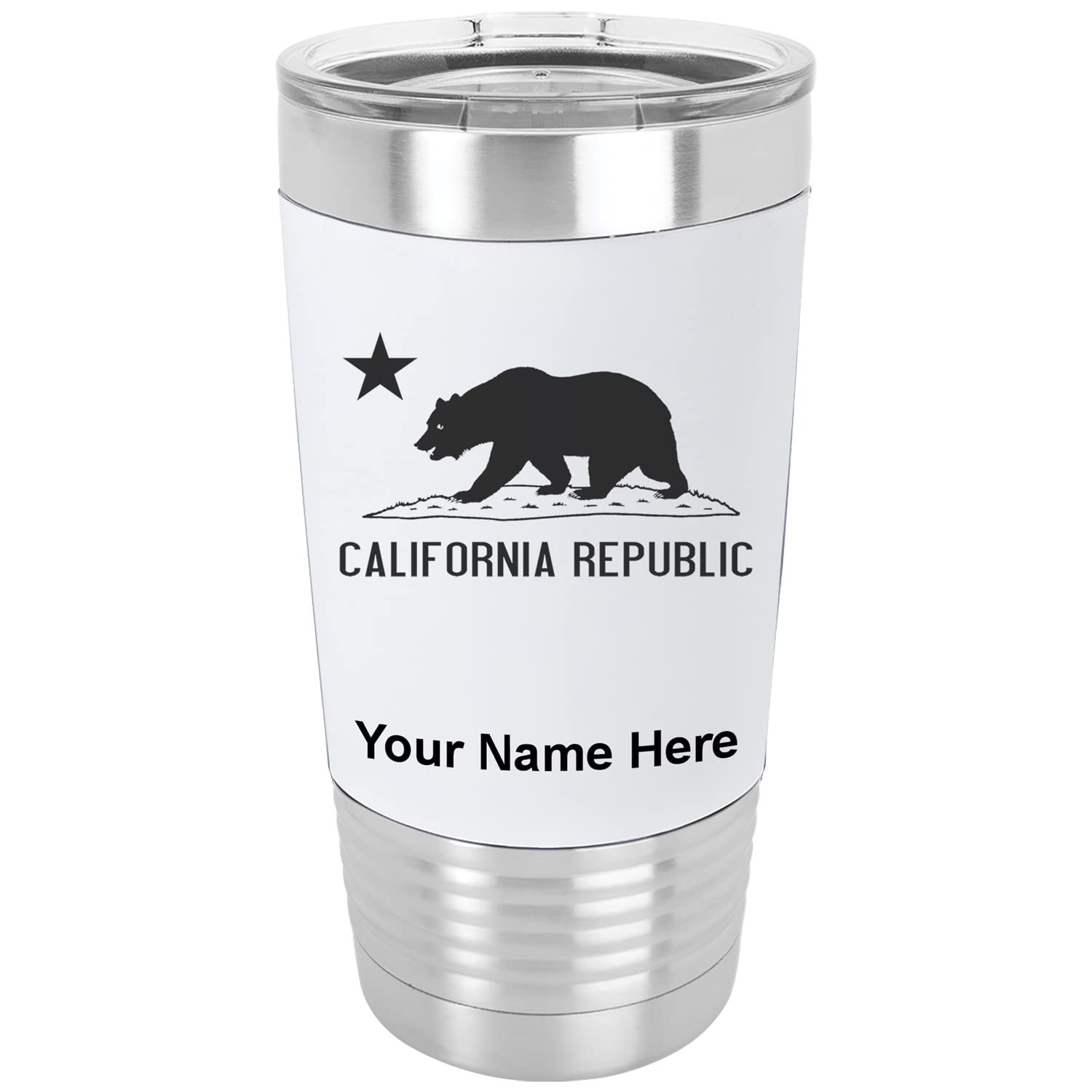 LaserGram 20oz Vacuum Insulated Tumbler Mug, California Republic Bear Flag, Personalized Engraving Included (Silicone Grip, White)