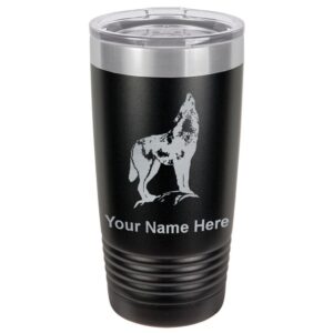 lasergram 20oz vacuum insulated tumbler mug, howling wolf, personalized engraving included (black)