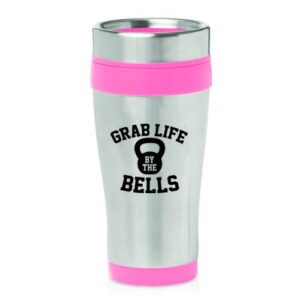 16 oz insulated stainless steel travel mug grab life by the bells kettlebell funny workout fitness (pink)