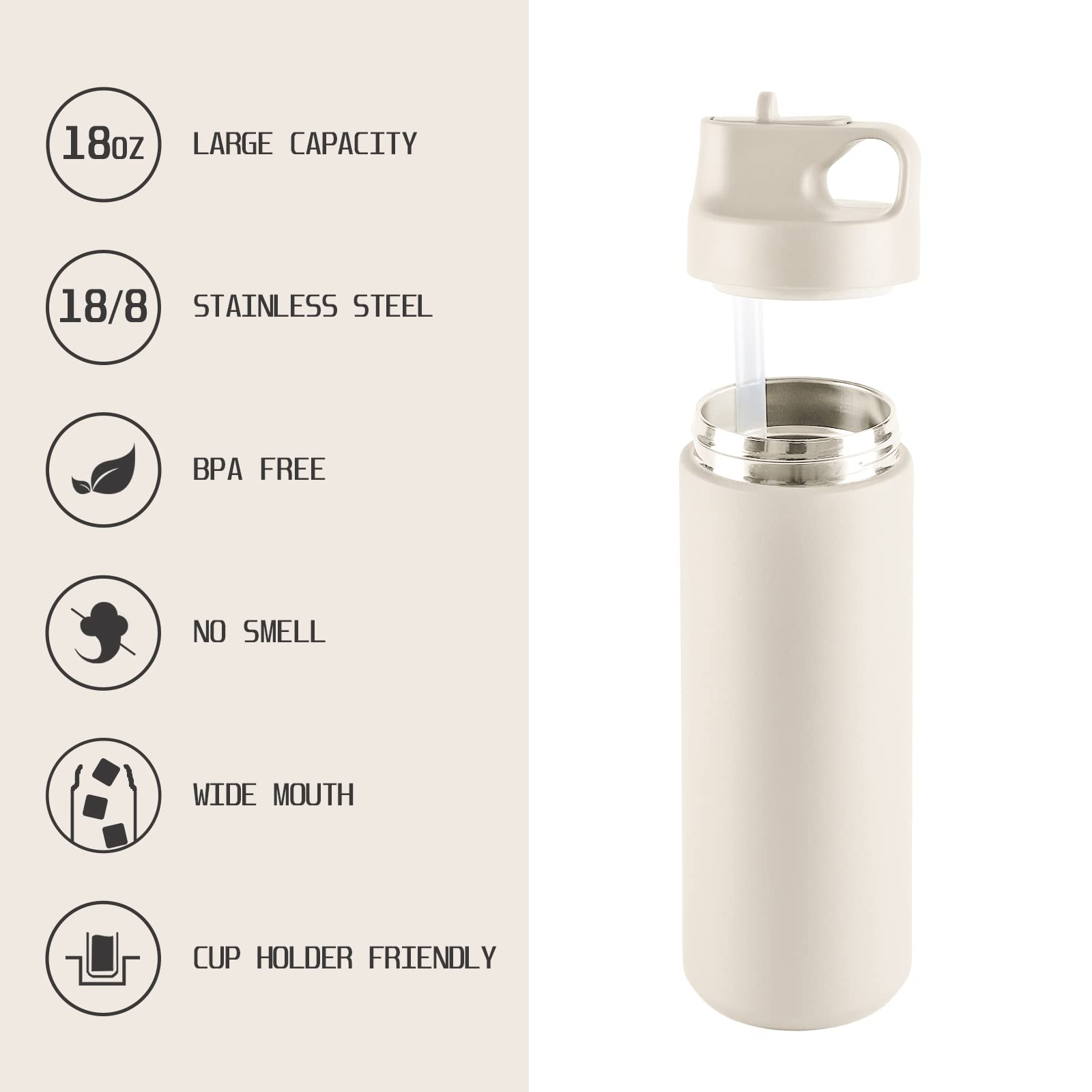 TSURUYA Stainless Steel Water Bottle,18/8 Double Wall 18oz Leak-proof Insulated Vacuum Water Bottle, Thermos with Straw for Hot Drinks