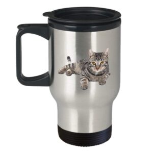 Grey Tabby Cat Travel Mug - Funny Insulated Tumbler- Novelty Birthday Christmas Anniversary Gag Gifts Idea