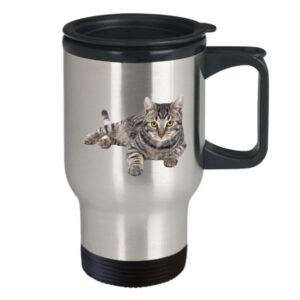 Grey Tabby Cat Travel Mug - Funny Insulated Tumbler- Novelty Birthday Christmas Anniversary Gag Gifts Idea