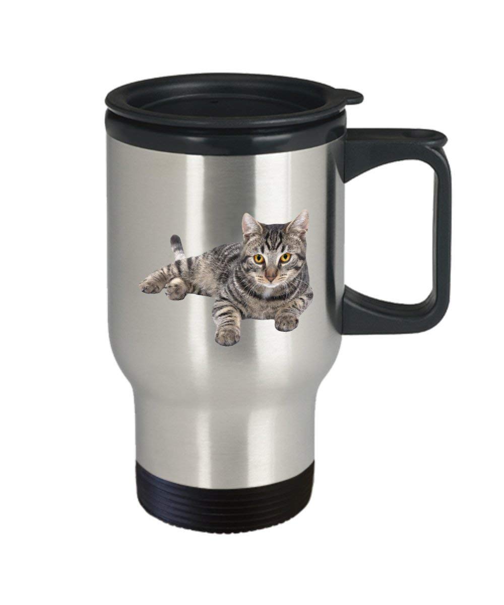 Grey Tabby Cat Travel Mug - Funny Insulated Tumbler- Novelty Birthday Christmas Anniversary Gag Gifts Idea