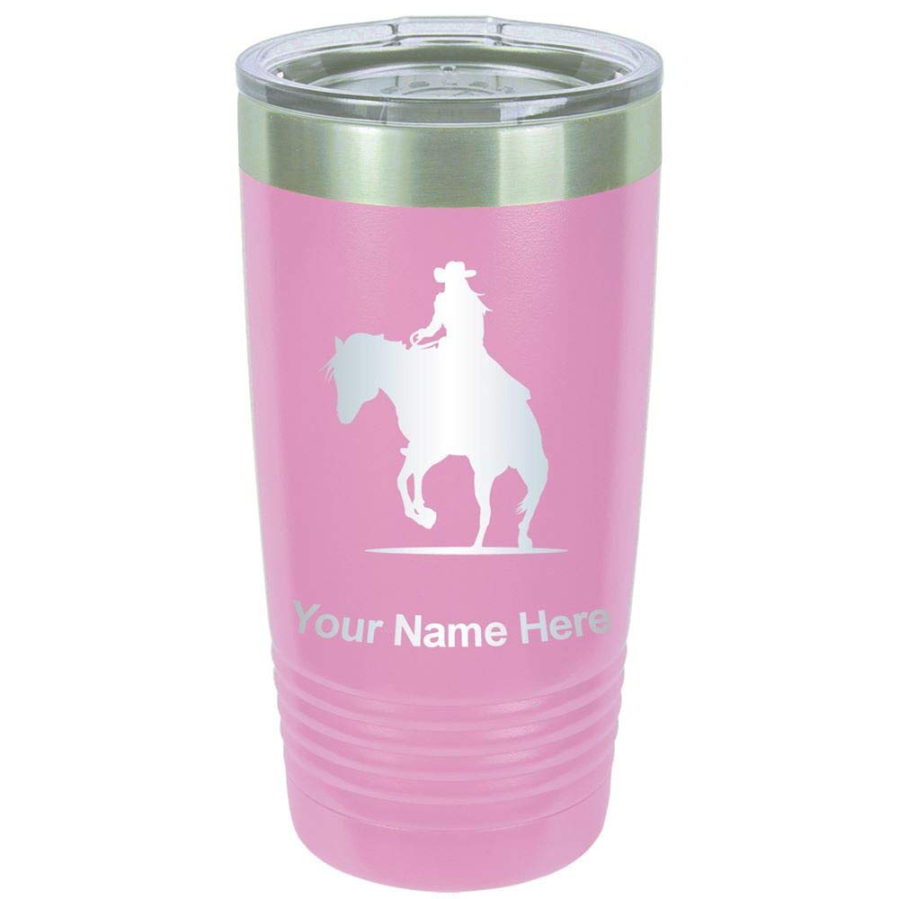 LaserGram 20oz Vacuum Insulated Tumbler Mug, Cowgirl Riding Horse, Personalized Engraving Included (Light Purple)