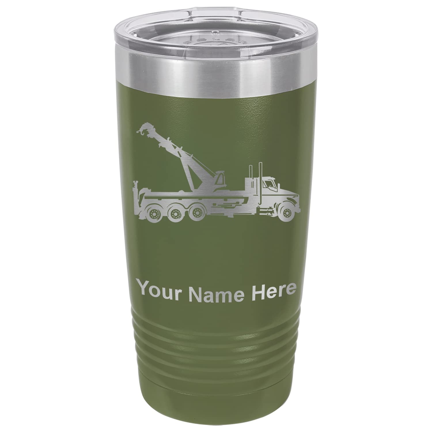 LaserGram 20oz Vacuum Insulated Tumbler Mug, Tow Truck Wrecker, Personalized Engraving Included (Camo Green)