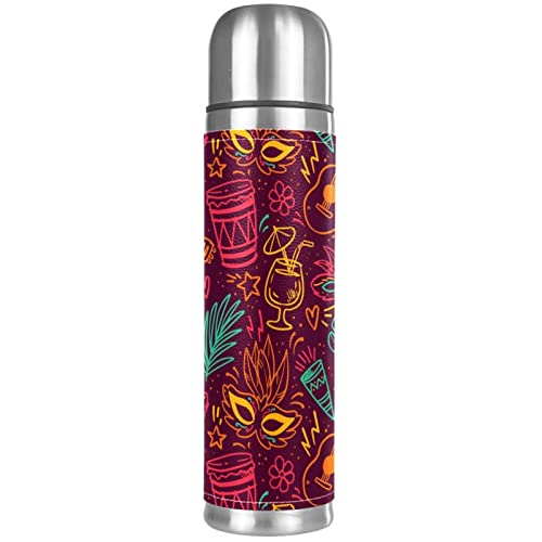 Brazilian Carnival with Masks Drums Guitars Stainless Steel Water Bottle Leak-Proof, Double Walled Vacuum Insulated Flask Thermos Cup Travel Mug 17 OZ