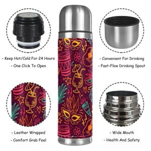 Brazilian Carnival with Masks Drums Guitars Stainless Steel Water Bottle Leak-Proof, Double Walled Vacuum Insulated Flask Thermos Cup Travel Mug 17 OZ