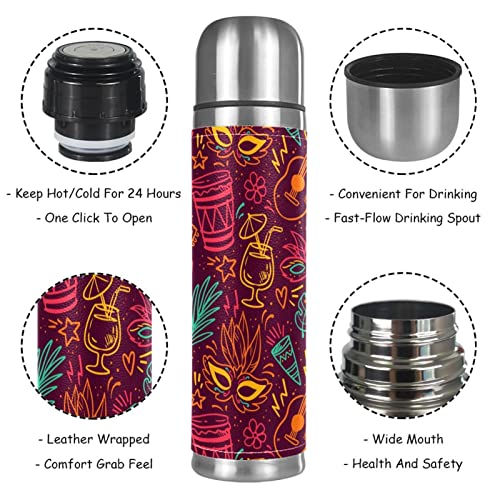 Brazilian Carnival with Masks Drums Guitars Stainless Steel Water Bottle Leak-Proof, Double Walled Vacuum Insulated Flask Thermos Cup Travel Mug 17 OZ