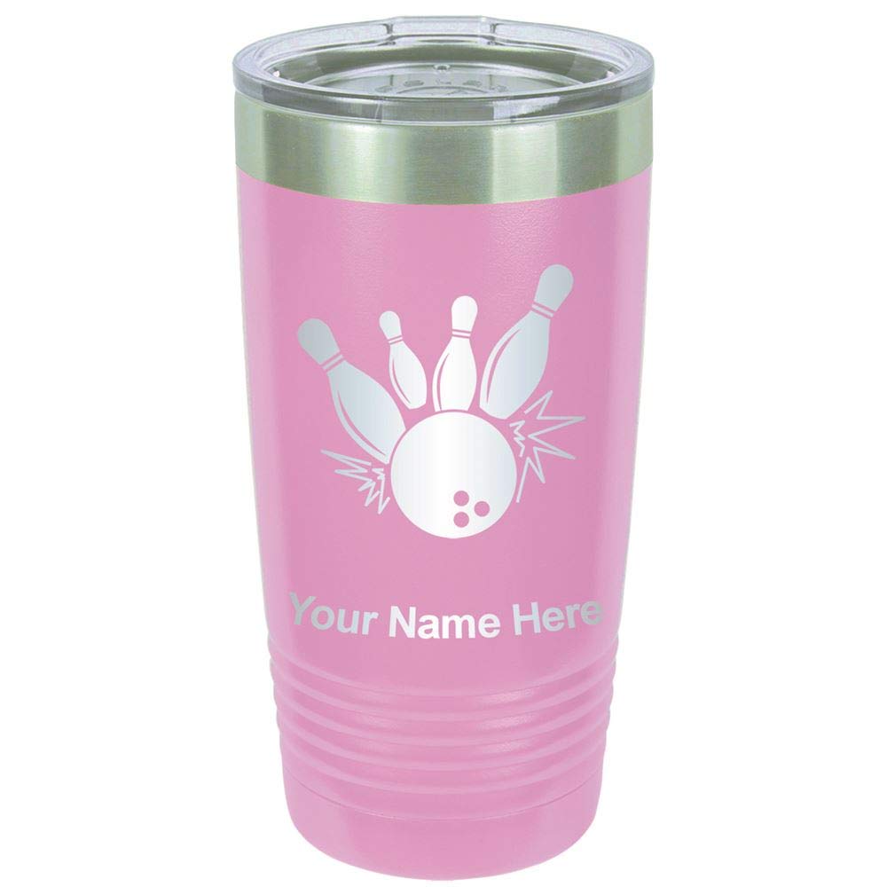 LaserGram 20oz Vacuum Insulated Tumbler Mug, Bowling Ball and Pins, Personalized Engraving Included (Light Purple)