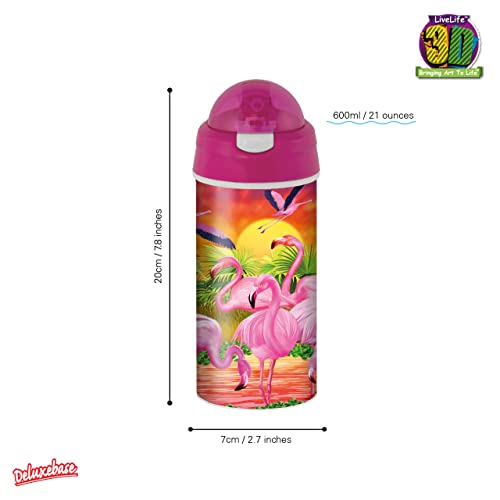 3D LiveLife Drinking Bottle - Flamingo Lingo from Deluxebase. 3D Lenticular Animal Water Bottle with Straw. 20oz kids water bottle with original artwork from renowned artist, Michael Searle